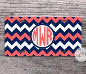 Coral And Navy Blue Chevron Monogram License Plate Aluminium ...